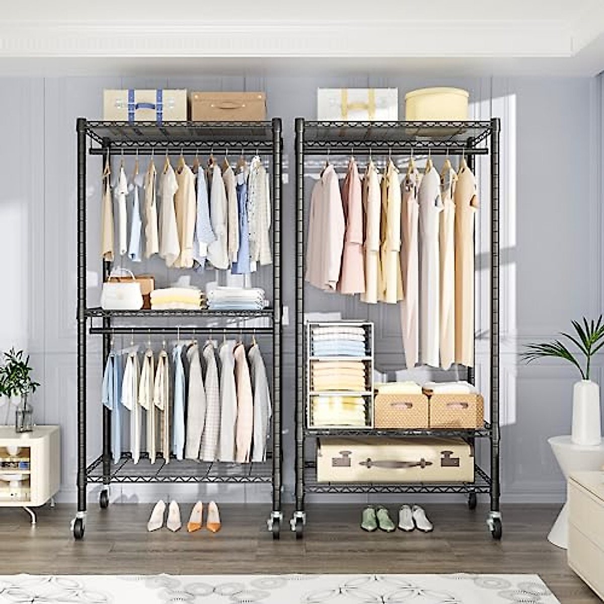 FUTASSI Portable Closets, Heavy-Duty Garment Rack with Shelves and Hanger Rods, Rolling Freestanding Wardrobe System, Clothes Organizers and Storage with 2 Lockable Casters, 30"W x 14"D x 76"H, Black