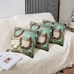 Castle Fairy Horseshoe Reversible Print Pillow Cover 18"x18" for Bed or Sofa,Rustic Vintage Wooden Board Pack of 2 Cushion Cover,White Daisy Flower Single Pack Couch Pillow Cover
