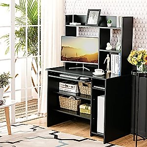 Tangkula Computer Desk with Hutch, Home Office Desk with Keyboard Tray & CPU Stand, Space Saving Study Writing Desk with Storage Bookshelves, Desk Workstation with Hutch for Bedroom, Black