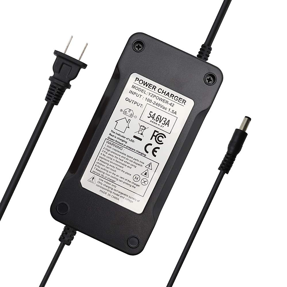 54.6V 3A AC/DC Power Adapter Supply Charger for 48V 13S Lithium Li-ion Battery Pack with 5.5x2.5mm DC Plug and 5.5x2.1mm Adapter