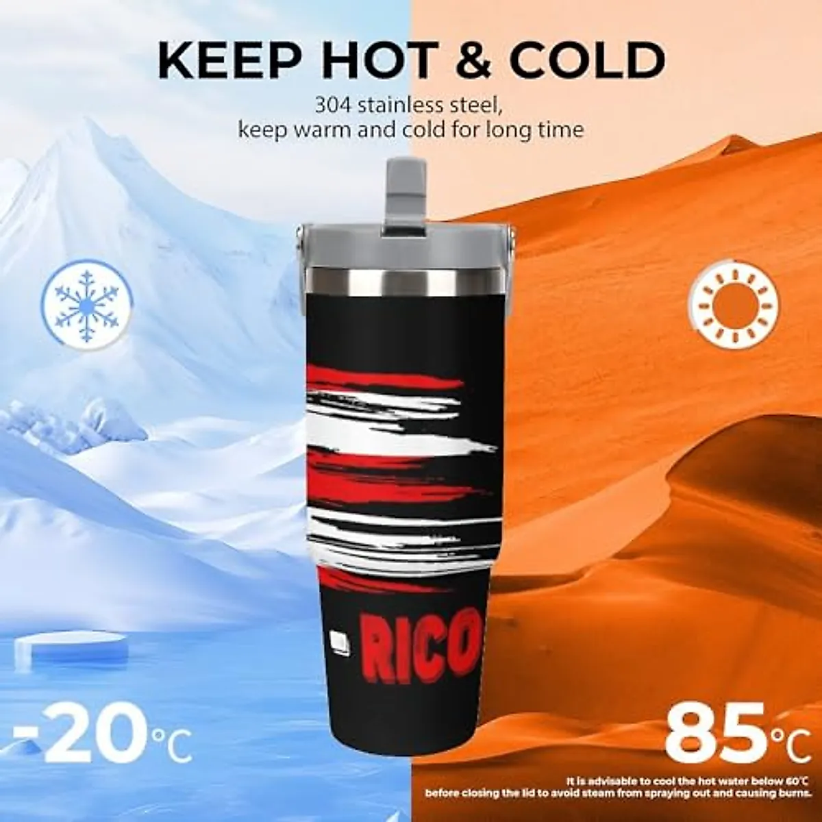 Porto Rico Flags 1 30 OZ Insulated Tumblers with Handle And Straw Leakproof Vacuum Insulated Stainless Steel Water Bottle for Car Fishing Travel