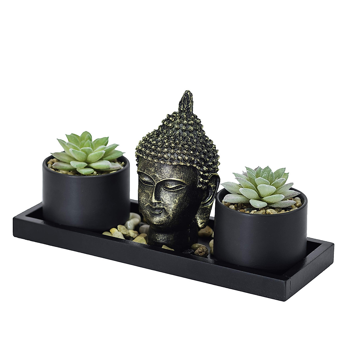 Buddha Statue & Succulent Zen Garden Set- Buddha Head Statue w/ Wooden Display Tray & Stones| Buddha Decor For Home Decor. Beautiful & Peaceful. Great Meditation Gifts.
