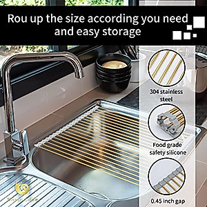 Snailhouse Roll Up Dish Drying Rack, Stainless Steel Dish Drainer Over The Sink with Anti-Slip Silicone for Kitchen Counter, Gold (17.8 x 11.8 in)