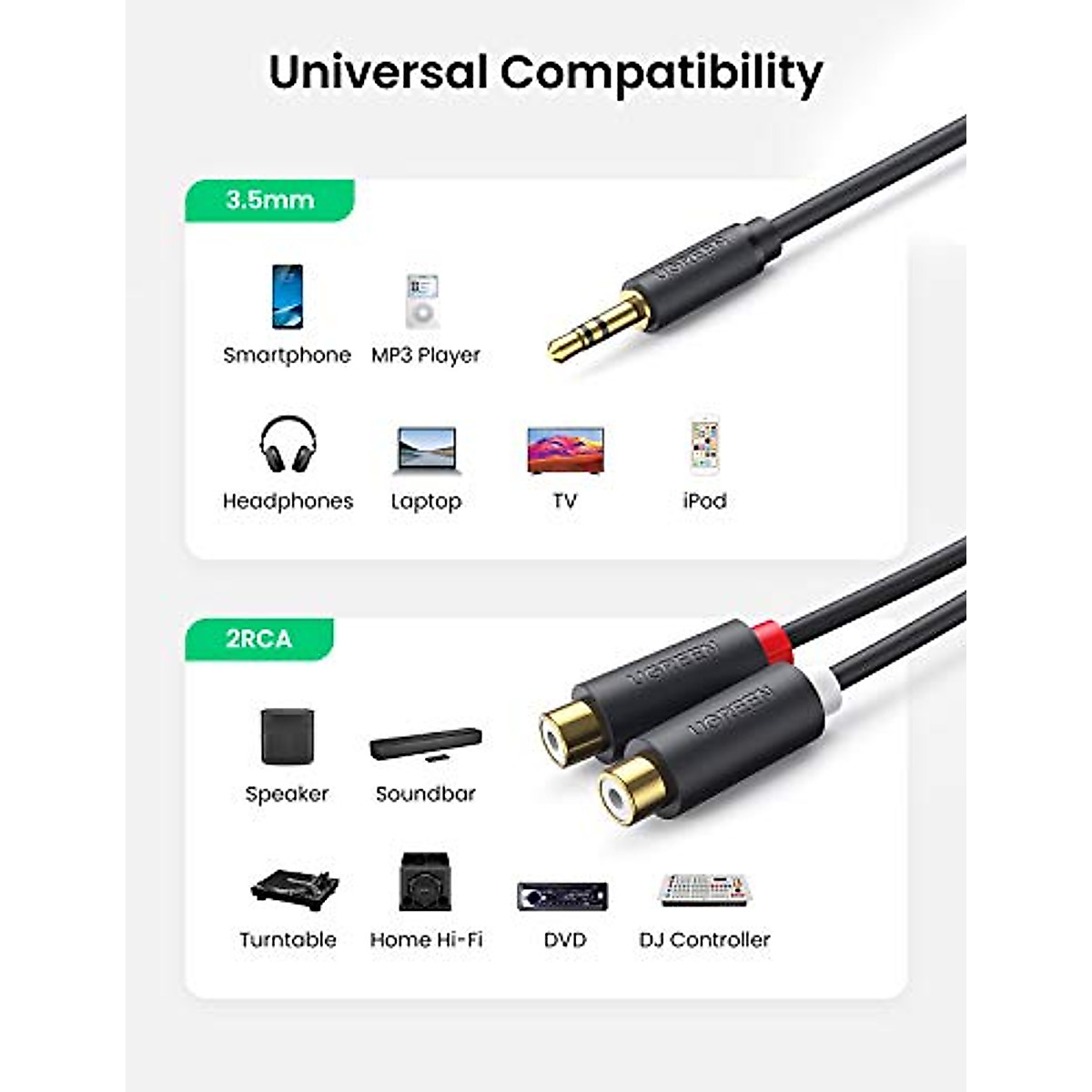 UGREEN 3.5mm Male to 2 RCA Female Jack Stereo Audio Cable Y Adapter Gold Plated Red and White to Headphone Cord Compatible with iPhone iPod iPad MP3 TV DVD Player DJ Controller Mixer Speaker, 0.8 Feet