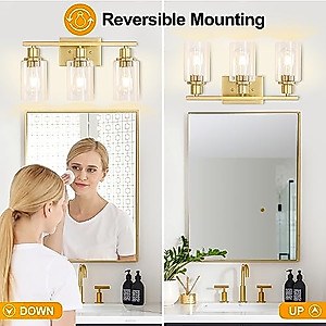 3-Light Brushed Gold Bathroom Light Fixtures, Brushed Brass Vanity Light Fixture Modern Bath Wall Sconce Lighting Wall Mount Lights Over Mirror with Clear Glass Shade for Living Room Bedroom Hallway