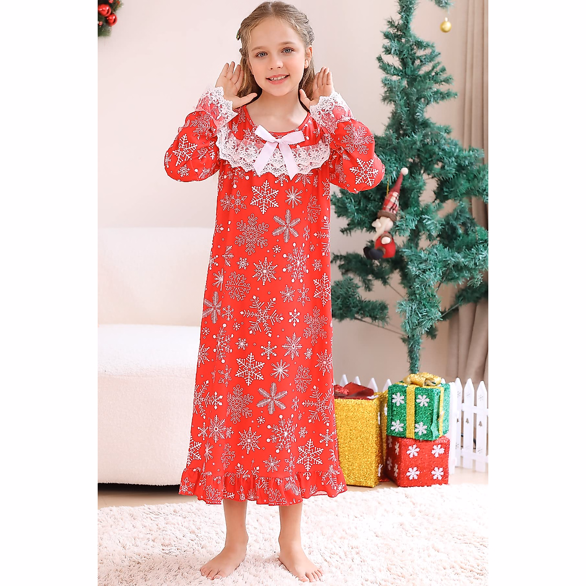 Girl Christmas Nightgown 6-7T Snowflake Red Xmas Nightdress for Kids Lightweight Warm Sleepwear Long Sleeve
