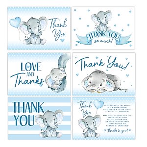 Your Main Event Prints 50 Elephant Baby Shower Thank You Cards - Boy Baby, Mama Baby Shower Favor and Games - 6 Different Designs Included - 25 Blank and 25 Pre-Written Thank You Cards