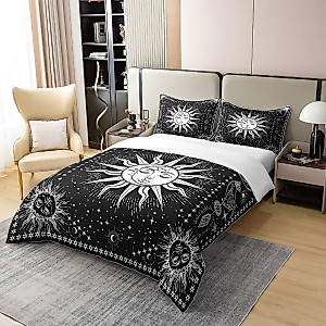 Erosebridal 100% Cotton Sun and Moon Duvet Cover,Psychedelic Mystic Galaxy Bedding Set Queen,Starry Sky Comforter Cover,Bohemian Constellation Stars Bed Sets with 1 Pillow Sham,White Black