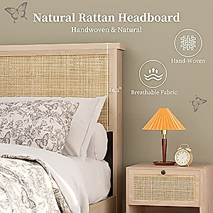 Yechen Queen Bed Frame with Natural Rattan Headboard and Wooden 4 Storage Drawers, Metal Platform with Strong Wooden Slats Support, Boho Cane Bed Mattress Foundation, No Box Spring Needed