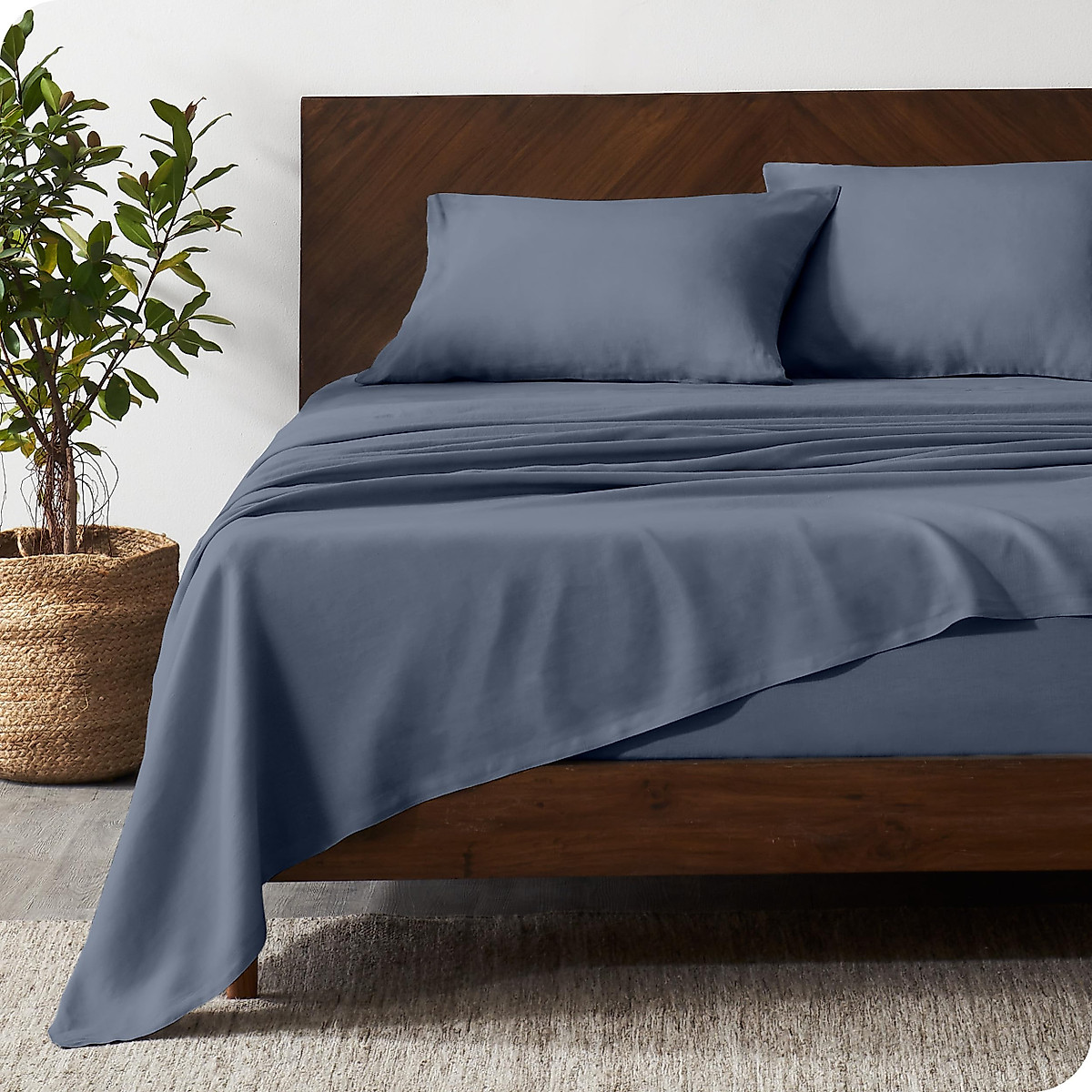 Bare Home Queen Sheet Set - Luxury 100% Linen Bed Sheets - Deep Pockets - Easy Fit - 4 Piece Set - Bedding Sheets & Pillowcases (Queen, Indigo)