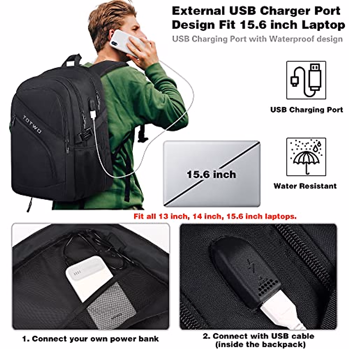 Travel Laptop Backpack, Business Laptop Backpack, College Backpack Anti Theft Durable with USB Charging Port, Water Resistant Work Computer Bag Fits 15.6 Inch Notebook, Gifts for Men, Black