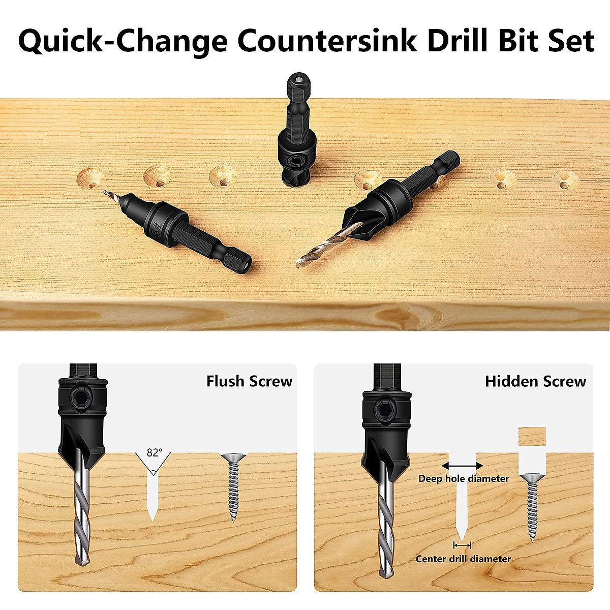 MulWark 82° Countersink Drill Bit Set incl. 5pcs Free Replaceable HSS Drill Bits for Wood｜3/8" Quick-Change -Chamfered Adjustable Drilling Tool Kit on Pilot Counter Sink Holes for Woodworking- 5 Pack