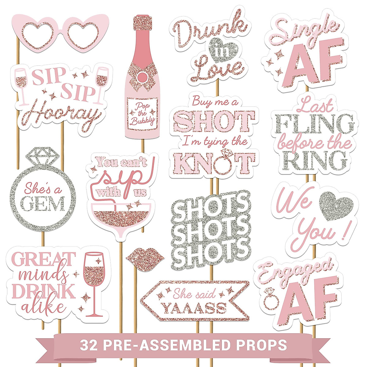 Fully Assembled Bachelorette Photo Booth Props - Set of 32 - Rose Gold, Pink, & Silver Signs, Wedding Bridal Shower Bachelorette Party Supplies & Decorations With Real Glitter - Did we mention no DIY?