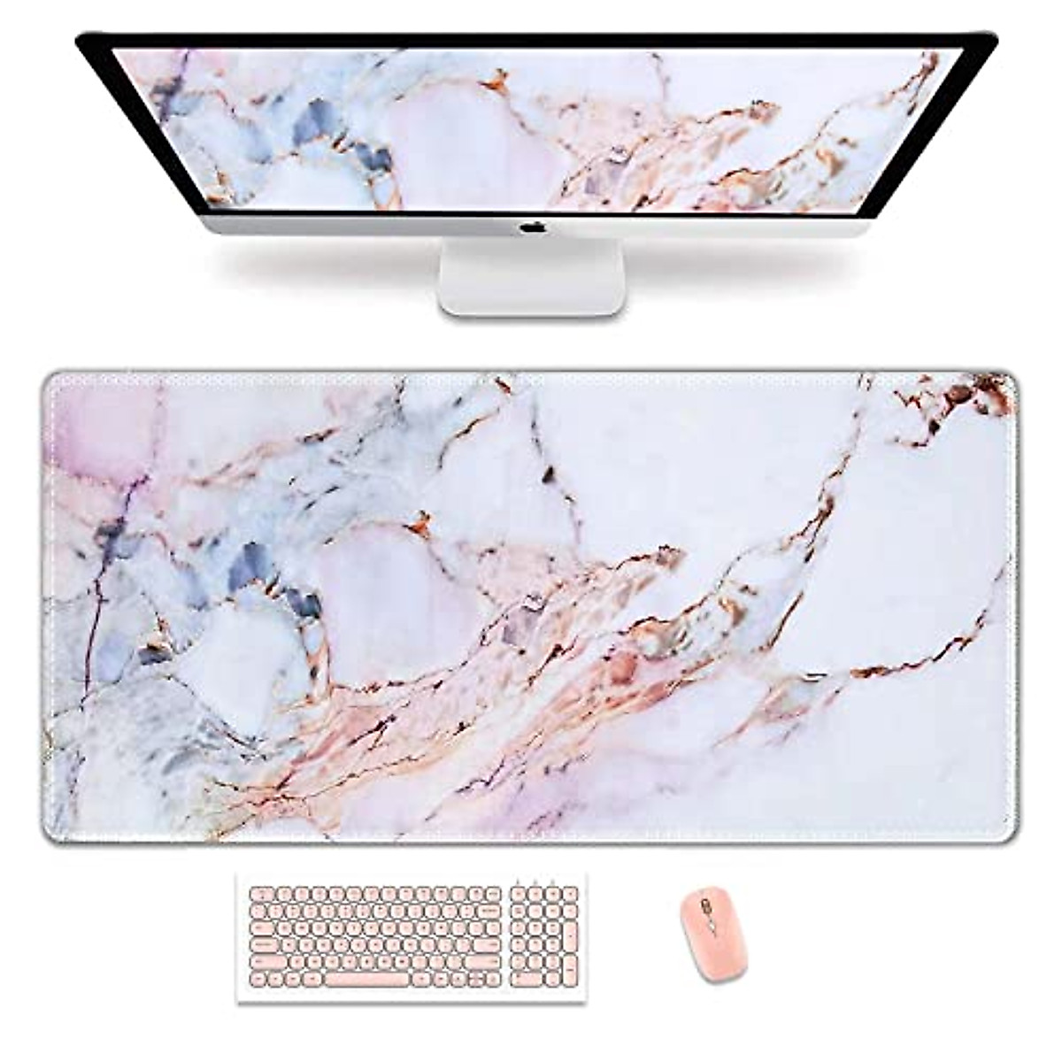 Anyshock Desk Mat, Gaming Mouse Pad Large 35.4" x 15.7" XXL Keyboard Laptop Mousepad with Stitched Edges Non Slip Base, Water-Resistant Computer Pink Desk Pad for Office and Home (Colored Marble)