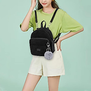 Cute Mini Backpack 3 Way Carry Light-weight Corduroy Casual Daypack Detachable Keyring Fur Pom Pom Ball for Women (black)