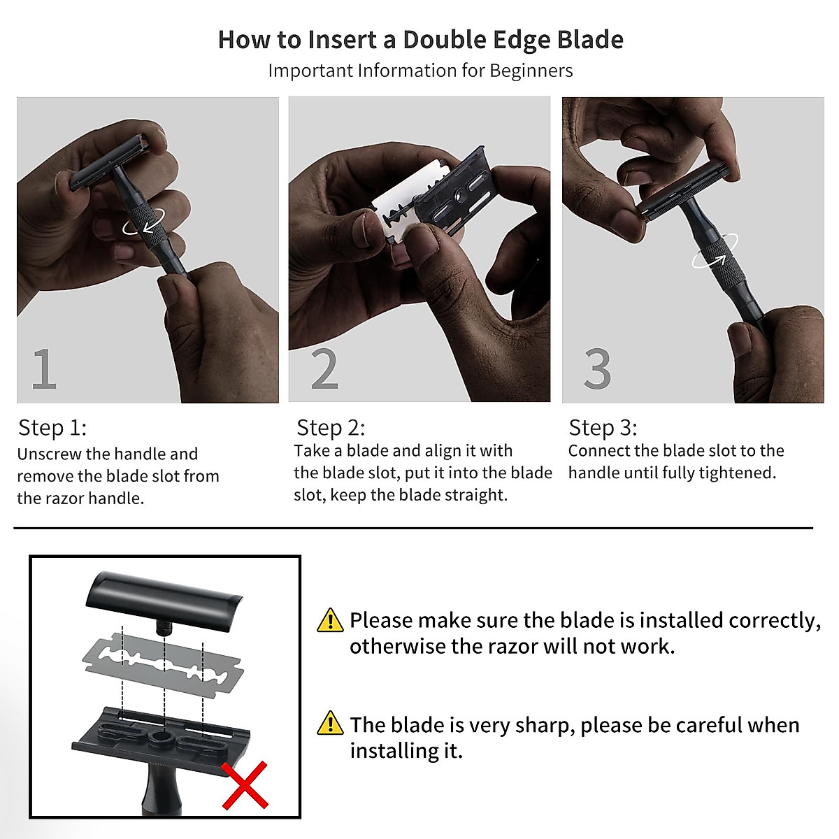 Matte Black Double Edge Safety Razor for Women and Men, Reusable Metal Single Blade Razors, with 10 Platinum Coated Safety Razor Blades