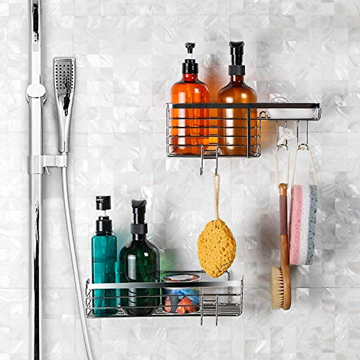 Lagute 2-Pack Shower Caddy, Combined Bathroom Shelf with Soap Dish and Hooks for Razor, Brush, Sponge, Shampoo, Wall Mounted Rustproof Deep Basket with Adhesive, No Drilling, SUS 304 Stainless Steel