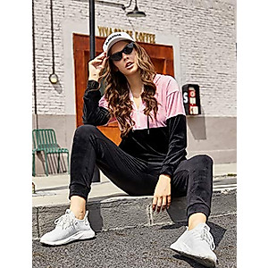 HOTOUCH Track Suits for Women Set 2 Piece Velour Sweatsuit Set Color Block Velvet Sweatshirt and Jogger Set Outfit Pink M