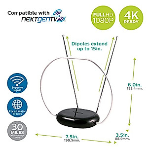 Philips Rabbit Ears Indoor TV Antenna, Dipoles and Circular Loop, Tabletop Antenna, Digital, Smart TV Compatible, HDTV Antenna, 4K 1080P VHF UHF, 5ft Coaxial Cable, Black, SDV8201B/27