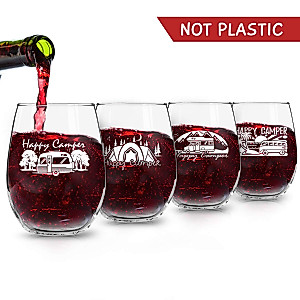 DU VINO Set of 4 Happy Camper Wine Glasses (15 oz) | Travel | Funny & Humorous RV Camp Gifts for Women | Glamping Accessories | Stemless Wine Glasses Made in USA