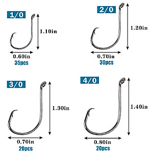 Circle Hooks Catfish Saltwater Fishing Hooks Assortment 2X Strong High Carbon Steel Offset Hooks Octopus Hooks Fishing Clips Kit for Catfishing Freshwater Saltwater (155pcs Kit)