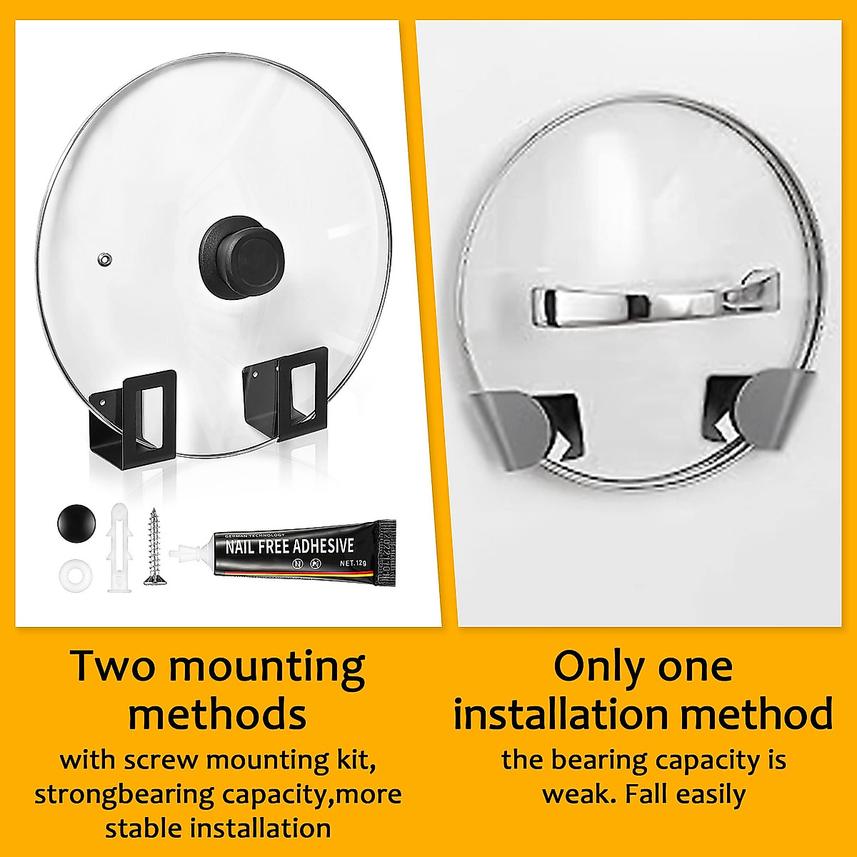 Set of 3 Pairs of Pot Lid Organizer for Cabinet Door, Drillable and Stickable Stainless Steel Pot Lid Holder, Adjustable Wall Mount Pot and Pan Lid Holders for Lids, Cutting Boards, Pot, Bakeware