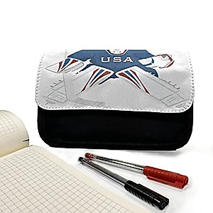 Lunarable Sports Pencil Case, USA Hockey Goalie Protection, Fabric Pen Pencil Bag with Double Zipper, 8.5" x 5.5", Burgundy Blue White