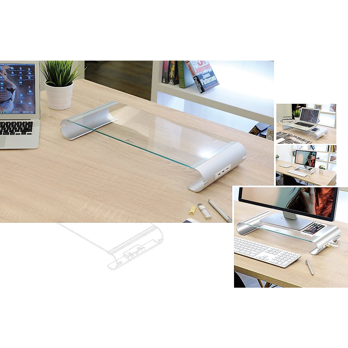 j5create Monitor Stand with 3-port USB 3.0 HUB JUT325 | Aluminium Legs and Clear Tempered Glass Monitor Riser | Compatible with iMac/Windows/Chrome/Linux Laptop, Macbook
