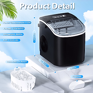 Antarctic Star Countertop Ice Maker，Portable Ice Makers with Self-Cleaning, Bullet Ice Machine, 26Lbs/24H, 9 Ice Cubes Ready in 6 Mins for Kitchen Bar Party RV, Black