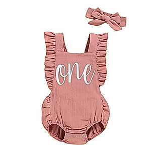 Shalofer Baby Girls One Year Old Outfits First Birthday Romper Cute Backless Ruffles Jumpsuit with Headband (Pink,12-18 Months)