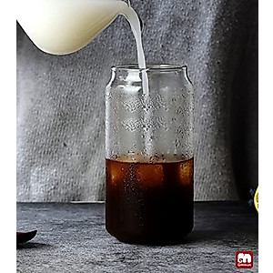 GMISUN Glass Cups with Lids and Straws, 16oz Iced Coffee Cup, Beer Can Glass with Lids and Straw, Drinking Glasses with Bamboo Lids Coffee Bar Accessories for Beer/Juice, Exclusive Transfer Labels