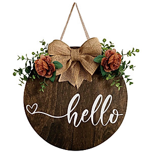 Wood Round Hello Welcome Wreath Sign Hanging Decoration Front Door, Farmhouse Porch Sign and Artificial Green Plant, Rural Outdoor Decor New House Relocation Gift