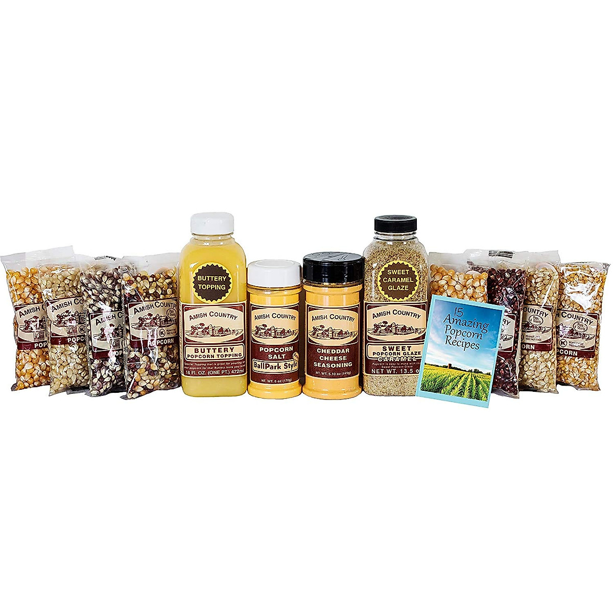 Amish Country Popcorn | 8-4 Ounce Variety Gift Set with Buttery Topping, Sweet Caramel Glaze, Ballpark Salt & Cheddar Cheese Seasoning | Old Fashioned, Non-GMO and Gluten Free