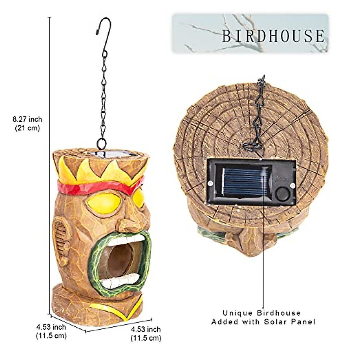 Ovewios Tiki Bird Houses for Outside, Tiki Head Solar Powered LED Light Waterproof Resin Statue Decorations Hanging Bird House for Outdoor Garden Yard Patio Tree Ornament, Green