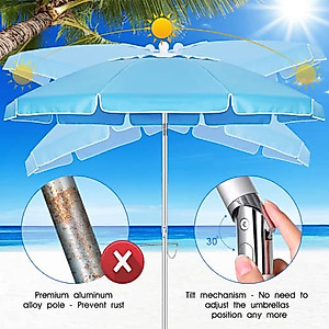 Portable Beach Umbrella for Sand: 7FT Arc Length 6.5FT Diameter Outdoor Umbrella with Anchor Heavy Duty and Adjustable Tilt Pole - UV 50+ Windproof Beach Umbrella with Carry Bag for Beach, Patio, Garden, Dark Blue Leaves