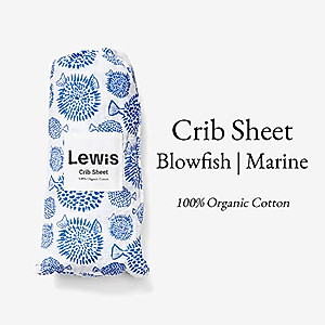 Lewis Crib Sheet | Soft & Breathable Fitted Sheet | Standard Crib Toddler Mattress for Boys & Girls | 100% Muslin Cotton for Sensitive Skin | Unisex Newborn Essential | Blowfish Pattern Marine