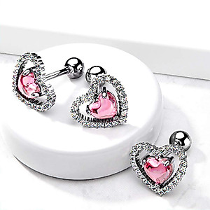 Amelia Fashion 16 Gauge Heart Shaped Micro CZ and Pink Center CZ Cartilage Barbell Stud 316L Surgical Steel (Pink/Clear)