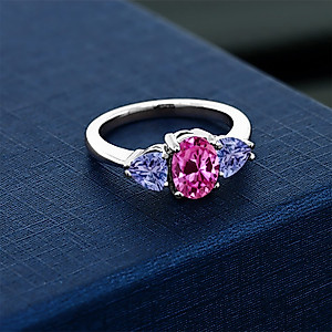 Gem Stone King 925 Sterling Silver Oval Pink Created Sapphire and Blue Tanzanite Ring For Women (2.45 Cttw, Available In Size 5, 6, 7, 8, 9)