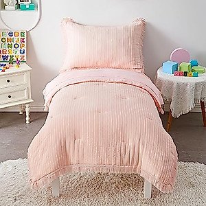 SUCHDECO Light Coral Toddler Bedding Set for Girls Pink Comforter Sets with Jacquard Stripes, Tassel Fringe 4 Pieces - Comforter, Fitted Sheet, Flat Sheet, Pillowcase