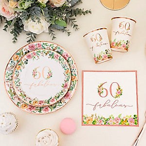 Crisky 60th Birthday Napkins and Plates for Women Rose Gold Floral Party Decoration, 60 and Fabulous Plates and Napkins for Women 60th Birthday.