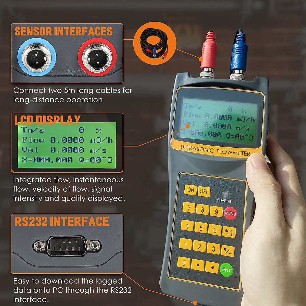 Bonvoisin Handheld Ultrasonic Flow Meter Portable Clamp on Flowmeter with Data Output S1+M2 Sensors for Seawater Alcohol Industrial Sewage DN15-700mm (1/2-28")