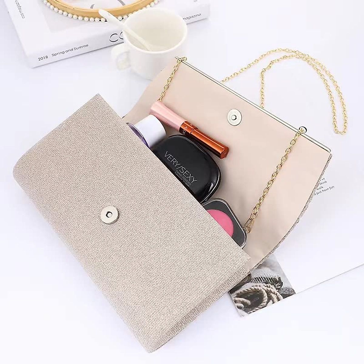 NC ZHANNI Shiny Clutch Purses for Women Evening Bags and Cluthes Flap Envelope Handbags Formal Wedding Party Prom Purse (Beige)