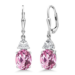Gem Stone King 925 Sterling Silver Light Pink Created Sapphire and White Zirconia Dangle Earrings For Women (6.00 Cttw, Gemstone September Birthstone, Oval 10X8MM, Trillion 5MM)