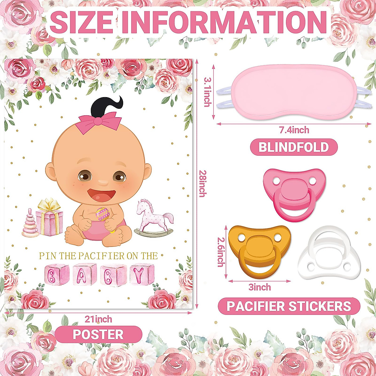 Faccito Pin The Pacifier Baby Shower Games Baby Shower Decoration Include Baby Poster 24 Pacifier Stickers Blindfold Floral Pin Pacifier on Baby Game for Baby Shower Birthday Party Supplies(Pink)
