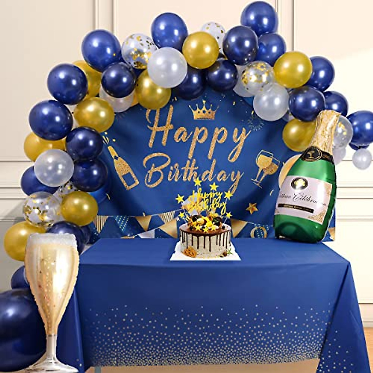 MOVINPE Navy Blue Gold Birthday Party Decorations, Birthday Photography Backdrop Banner Party Tablecloth Confetti Balloons Arch Garland Cake Topper for Bday Party Supplies Deocr