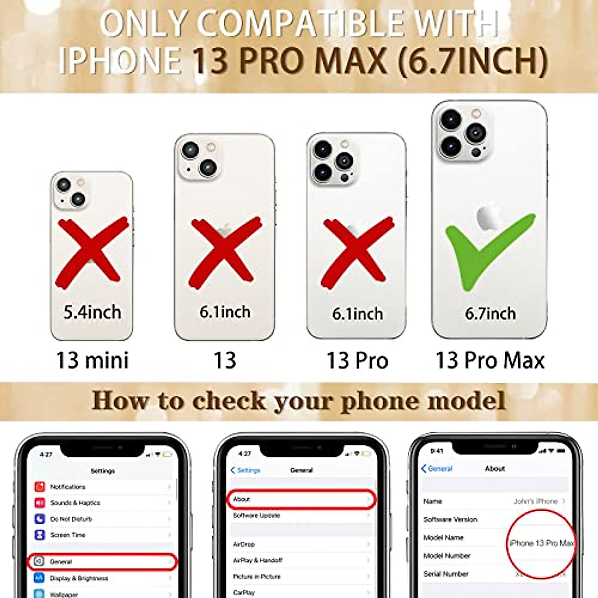 Petitian for iPhone 13 Pro Max Case, Cute Women Girls Bling Glitter Designed Heart Phone Cases for iPhone 13 Pro Max, Girly Gold Plating Phone Cover for 13 Promax with Camera Protector Black