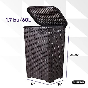 Superio Laundry Hamper Basket With Easy Open Lid 60 Liter Brown, Large Wicker Hamper, Dirty Cloths Storage With Two Cutout Handles, Laundry Room Bin 1.70 Bushel