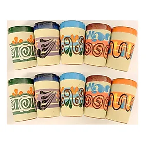 Made In Mexico Mexican Hand Painted Pottery Barro Clay Tequila Shots Glasses Set of 10 Assorted - Vaso Tequilero
