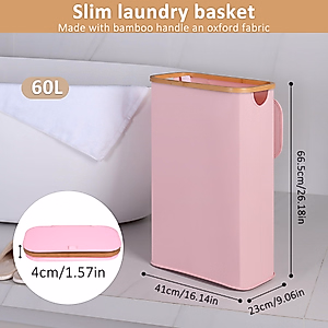 iEGrow Slim Laundry Hamper, Narrow Laundry Basket with Lid,Foldable Clothes Hamper with Bamboo Handles,Hamper Basket with Removable Inner Bag for Laundry Room Bedroom College Dorm,60L Pink