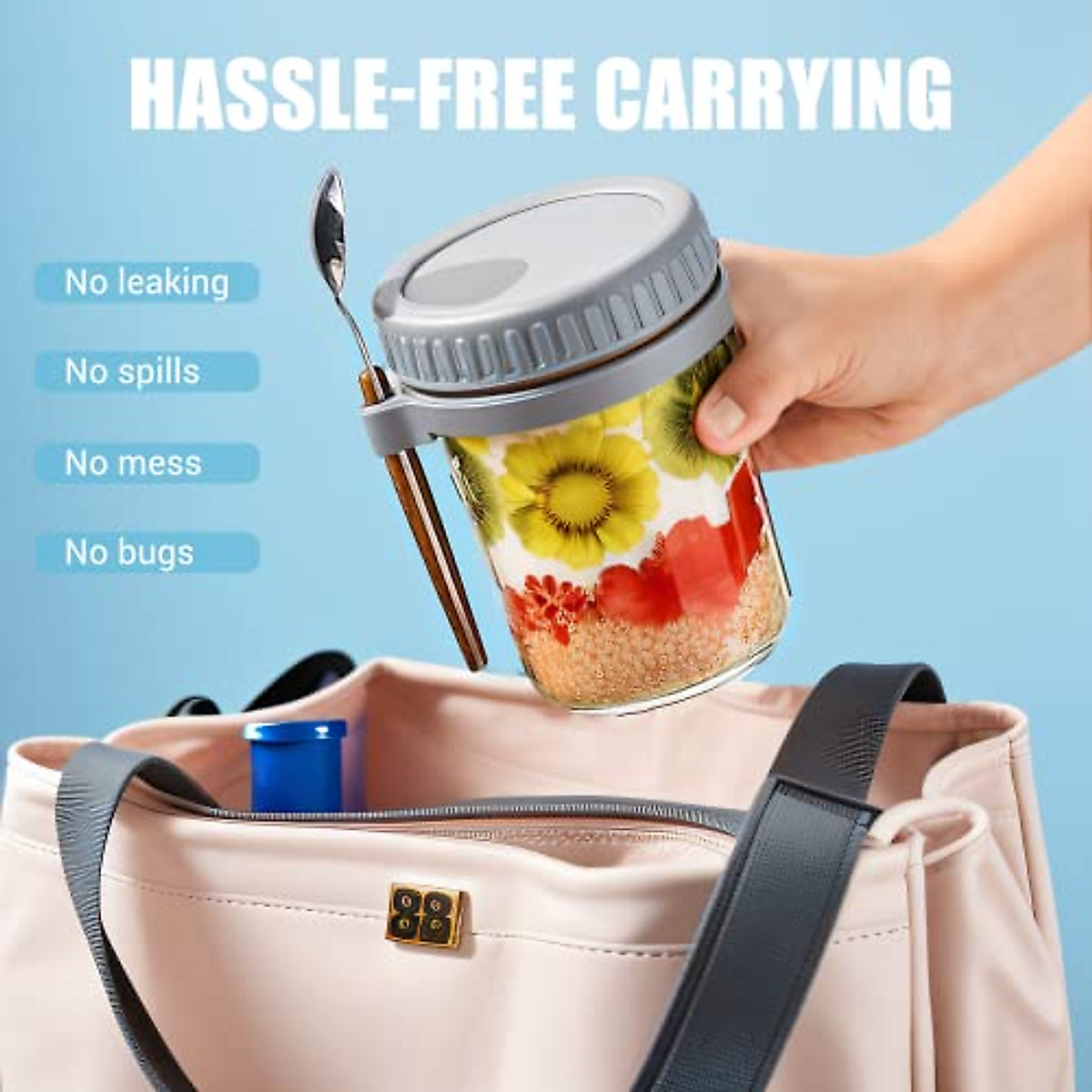 4 Pack Overnight Oats Containers with Lids and Spoons, 12 oz Airtight Mason Overnight Oats Jars, Meal Prep Container Reusable for Cereal, Fruit, Chia Pudding, Salad, Milk with Measurement Mark